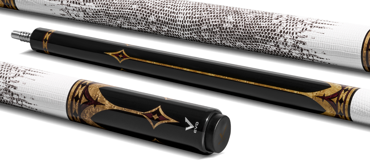 EVO CROWN POOL CUE - ROYAL BLACK - WHITE LEATHER WRAP