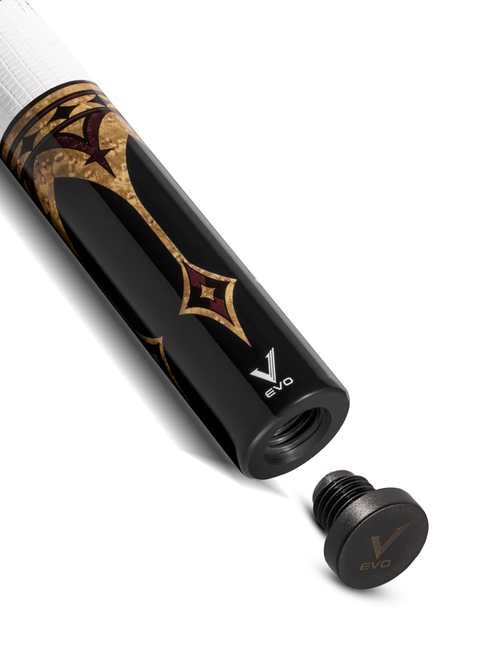 EVO CROWN POOL CUE - ROYAL BLACK - WHITE LEATHER WRAP