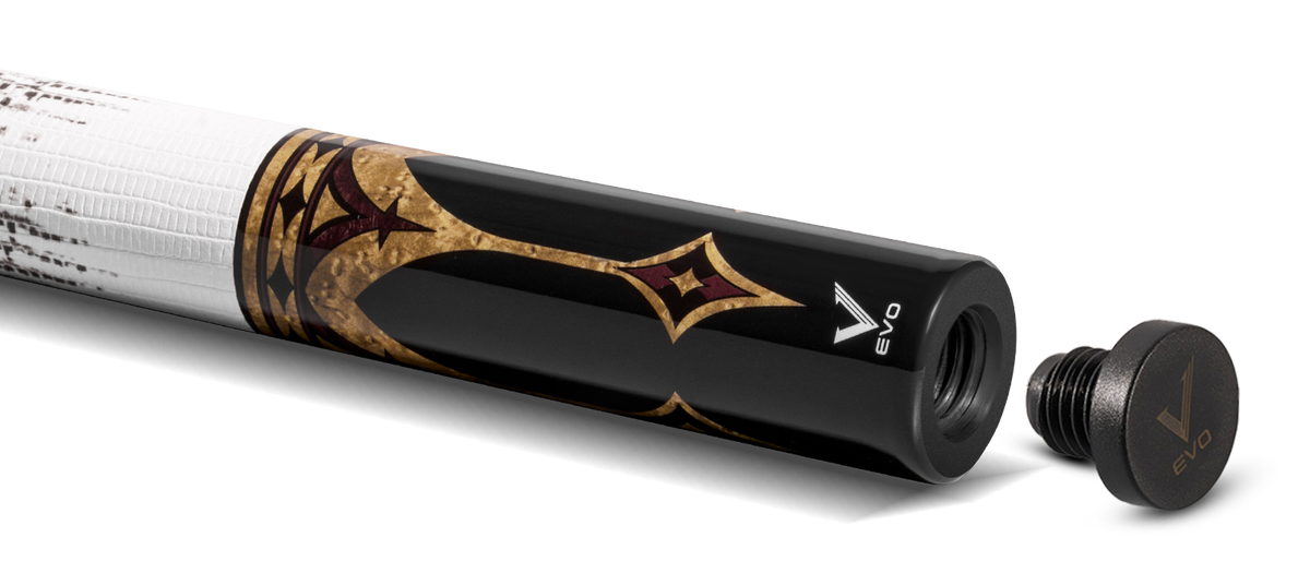 EVO CROWN POOL CUE - ROYAL BLACK - WHITE LEATHER WRAP